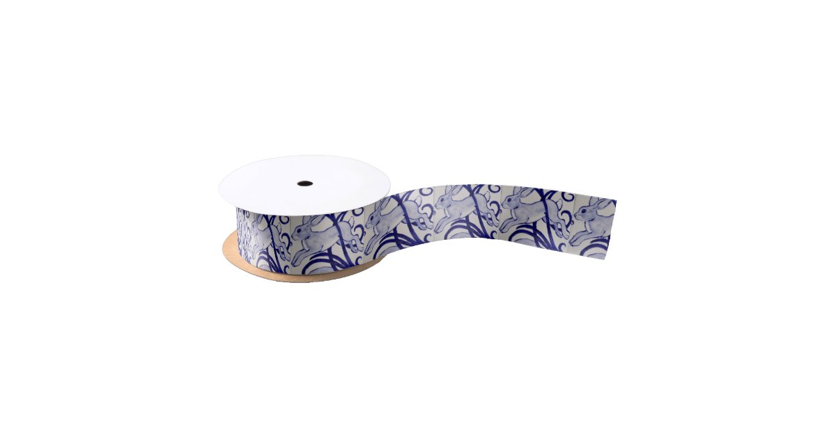 Blue and White Art Deco Rabbit Tile Gift Wrapping Satin Ribbon | Zazzle