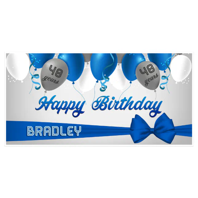 Blue and White Balloons w/Blue Bow Birthday Banner | Zazzle