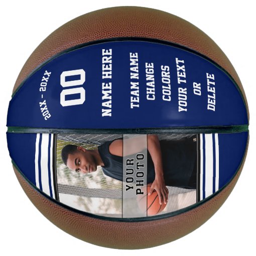 Blue and White Basketball Ball, Your PHOTO, TEXT | Zazzle