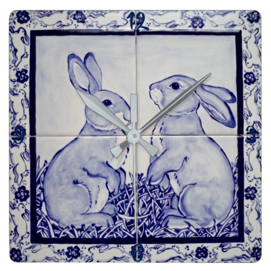 Blue and White Bunny Rabbit Tile Clock Dedham Navy | Zazzle.com