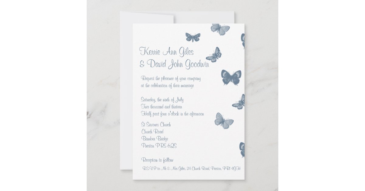 Blue and White Butterfly Wedding Invitation | Zazzle