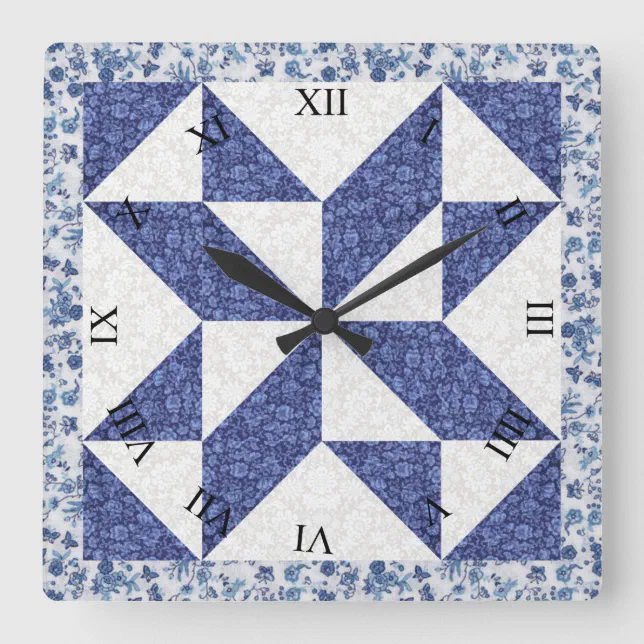 Blue and White Calico Faux Quilt Square Wall Clock | Zazzle