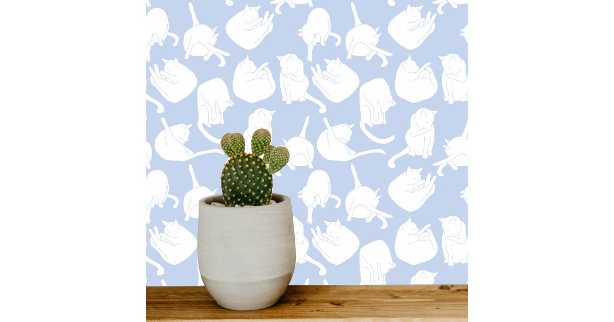 Blue and White Cat Pattern Block Print Wallpaper | Zazzle