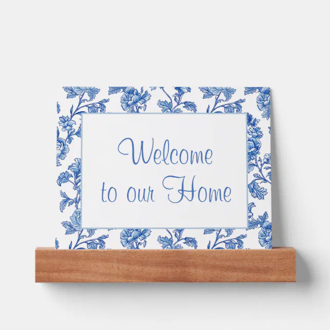 Blue and White Chinoiserie Floral Welcome Picture Ledge | Zazzle
