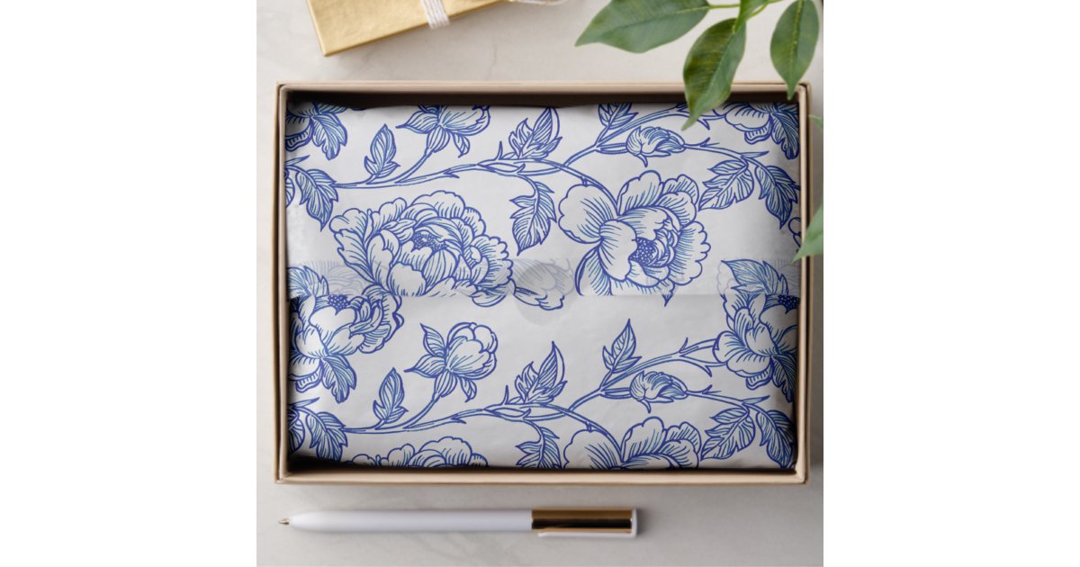 Blue and White Chinoiserie Rose Peony Tissue Paper | Zazzle