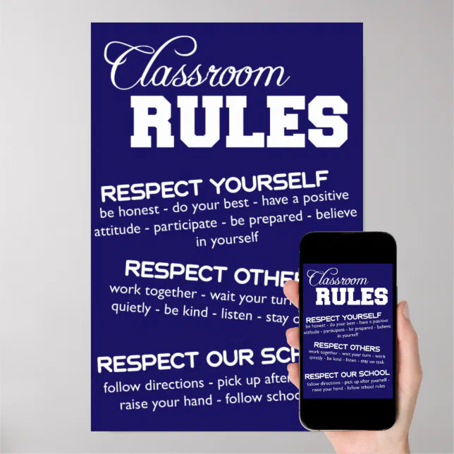 Blue and White Classroom Rules Poster | Zazzle