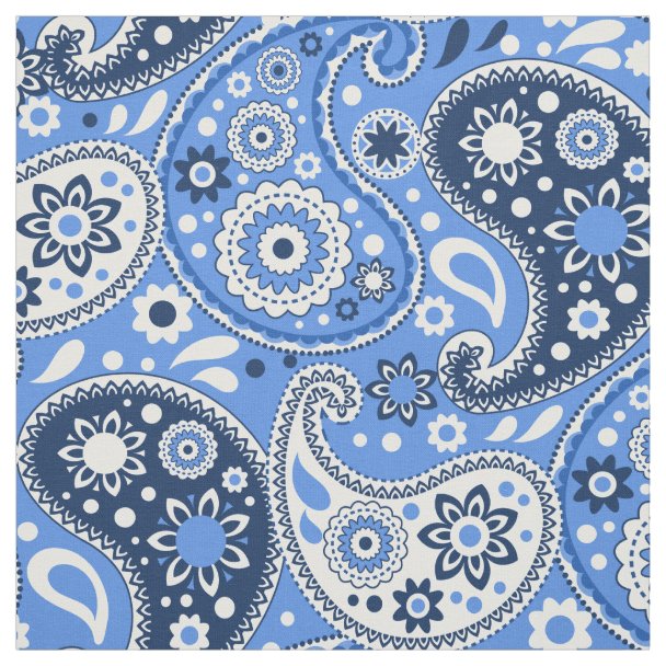Blue and White Boho Paisley Pattern Fabric | Zazzle