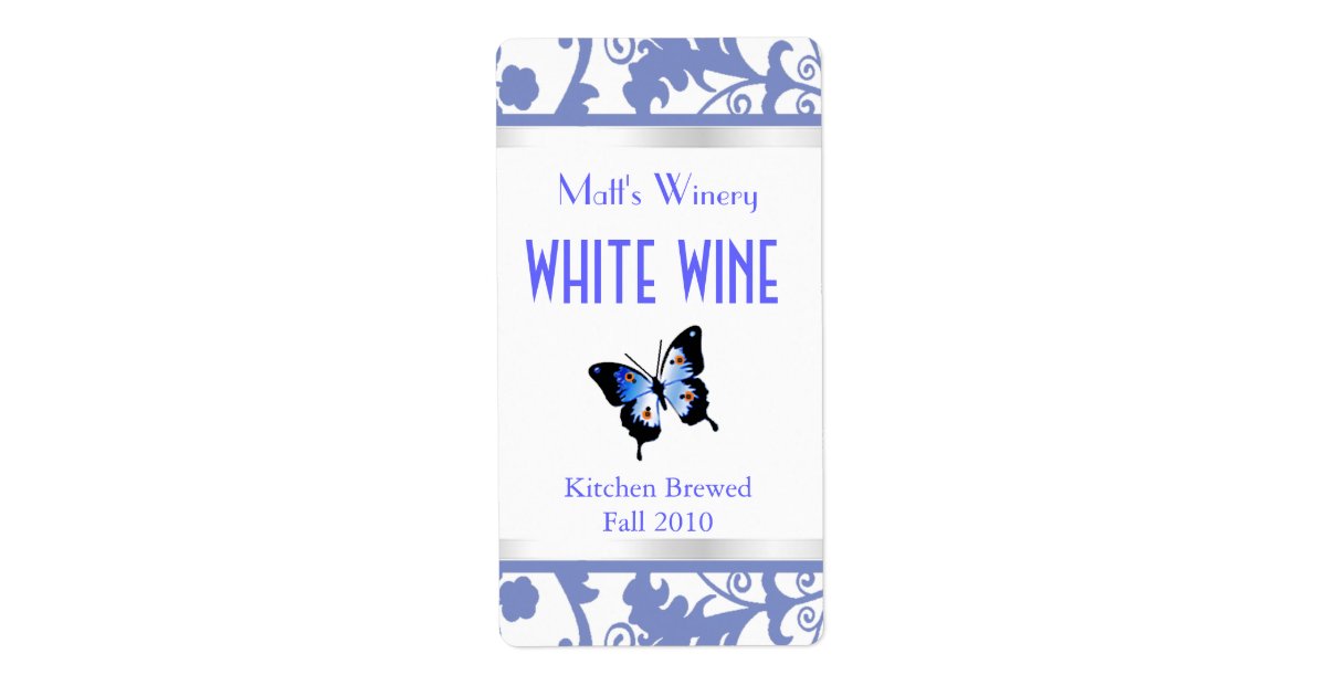 Blue and White Damask and Butterfly Wine Labels | Zazzle