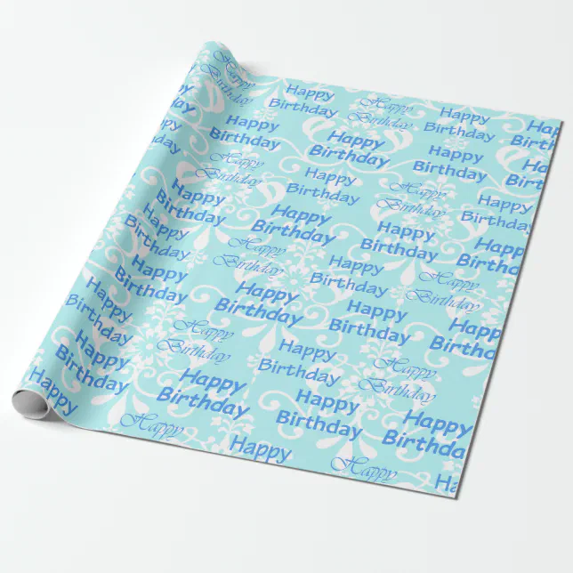 Blue and White Damask Happy Birthday Wrapping Paper | Zazzle
