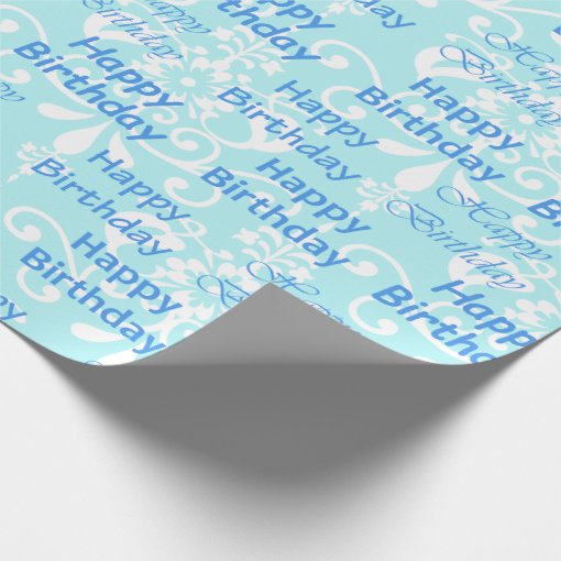Blue and White Damask Happy Birthday Wrapping Paper | Zazzle