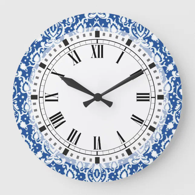 Blue and White Damask Large Clock | Zazzle