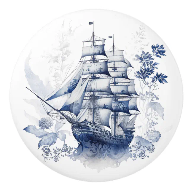 Blue and white Delft style sailing ship in the sea Ceramic Knob | Zazzle