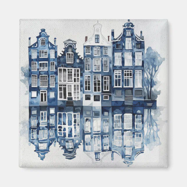 Blue and white Delft style traditional houses Magnet | Zazzle