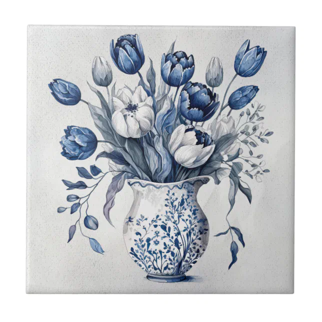 Blue and white Delft style tulip bouquet design Ceramic Tile | Zazzle