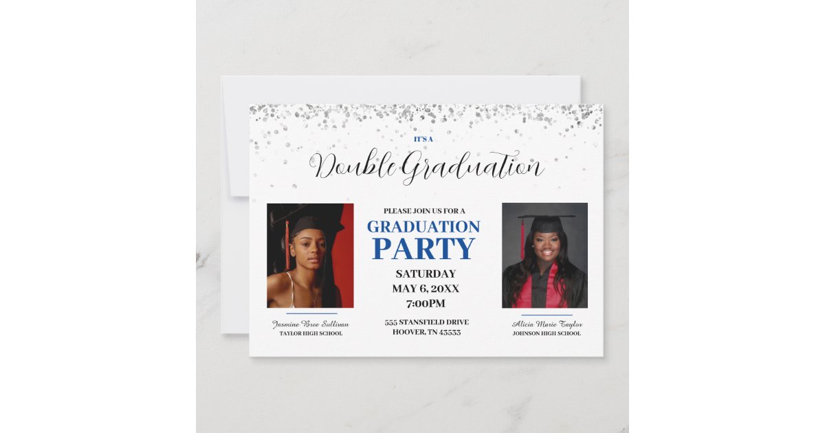 Blue and White Double Graduation Invitation | Zazzle