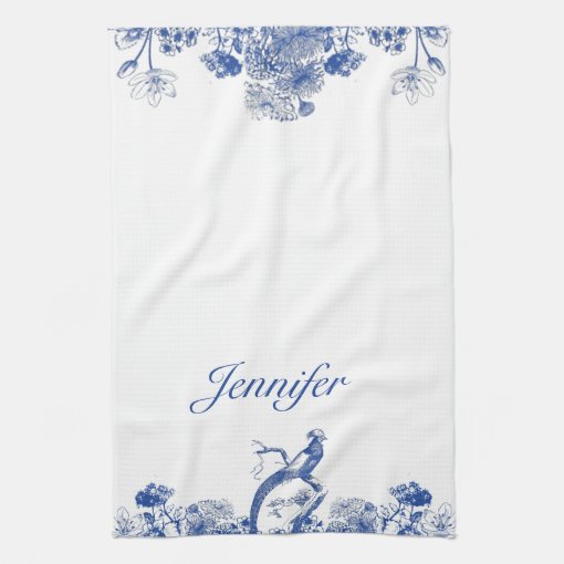 Blue and White Floral China Pattern with Bird Kitchen Towel | Zazzle