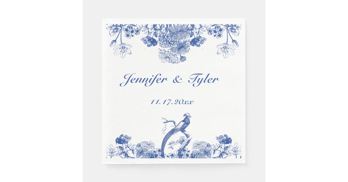 Blue and White Floral China Pattern with Bird Napkins | Zazzle