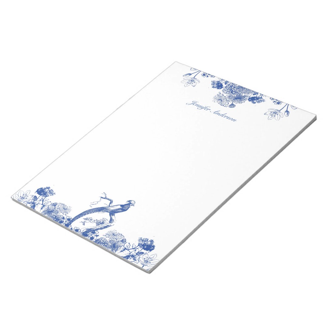 Blue and White Floral China Pattern with Bird Notepad | Zazzle