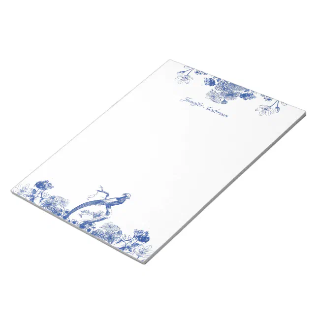 Blue and White Floral China Pattern with Bird Notepad | Zazzle
