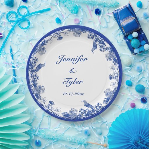 Blue and White Floral China Pattern with Bird Paper Plates | Zazzle