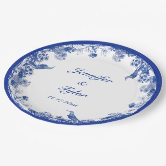 Blue and White Floral China Pattern with Bird Paper Plates | Zazzle