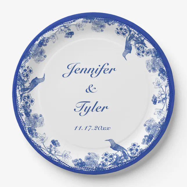 Blue and White Floral China Pattern with Bird Paper Plates | Zazzle