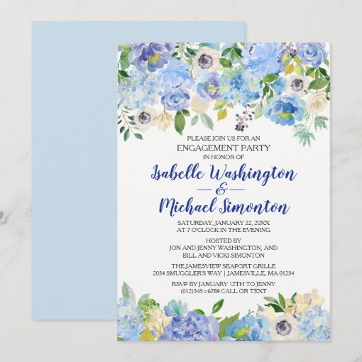 Blue and White Floral Engagement Party Invitation | Zazzle
