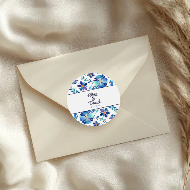 Blue and White Floral Fiesta Wedding Classic Round Sticker | Zazzle
