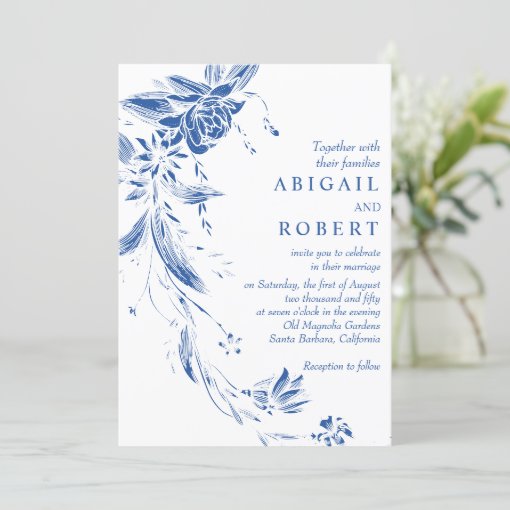 Blue and white floral garland wedding invitation | Zazzle