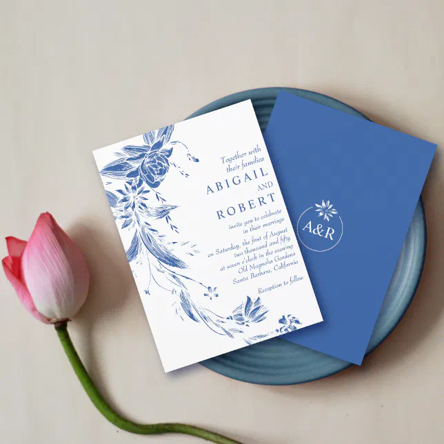 Blue and white floral garland wedding invitation | Zazzle