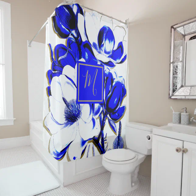 Blue And White Floral Spring Chic Elegant Monogram Shower Curtain Zazzle