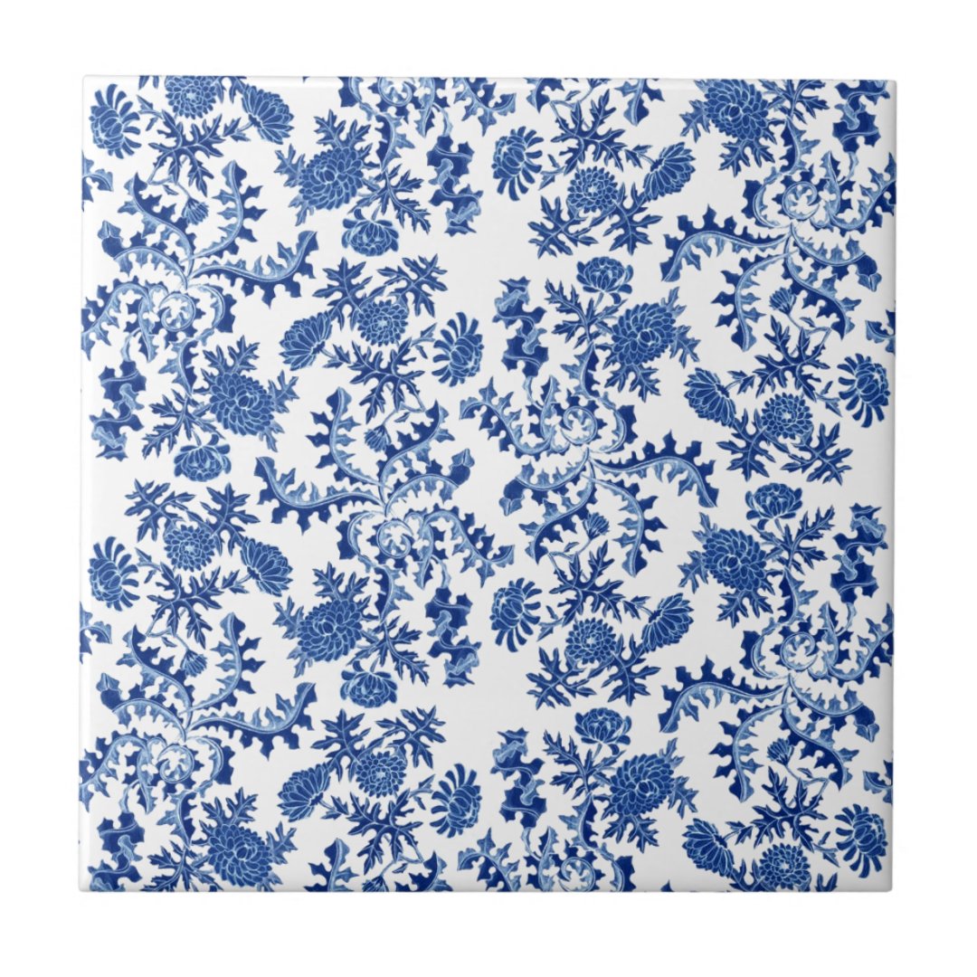Blue and White Floral Tile | Zazzle