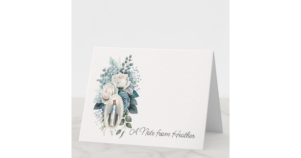 Blue and White Floral Virgin Mary Religious Note Card | Zazzle