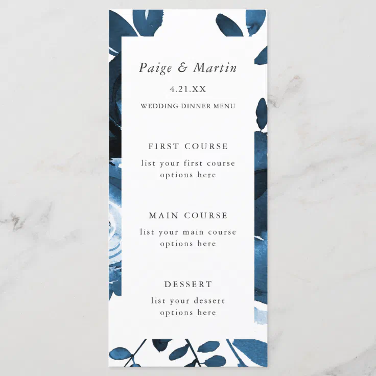 Blue and White Floral Wedding Menu Card | Zazzle