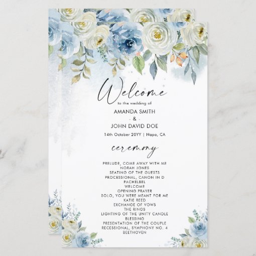 Blue and White Floral Wedding Program Card | Zazzle