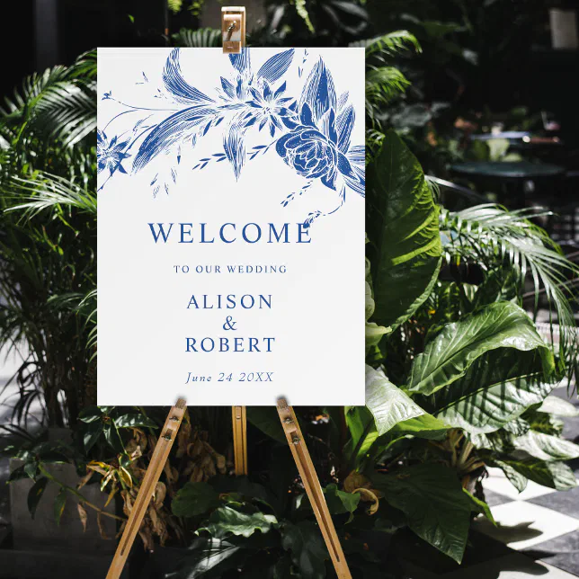 Blue and white flowers wedding welcome sign | Zazzle
