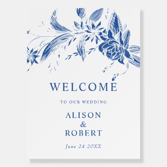 Blue and white flowers wedding welcome sign | Zazzle
