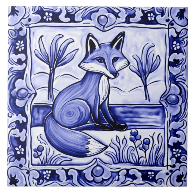 Blue and White Fox Mediterranean Folk Animal Art Ceramic Tile | Zazzle