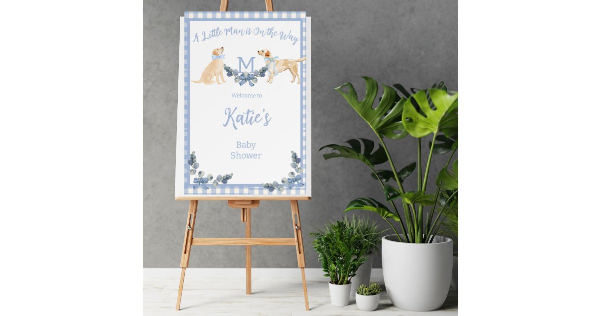 Blue and White Gingham Baby Shower Welcome Sign | Zazzle