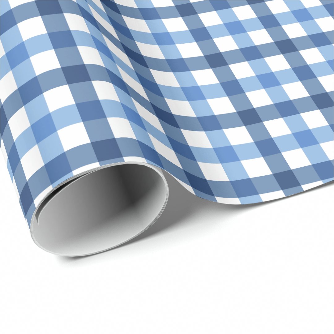 Blue and white gingham pattern wrapping paper | Zazzle