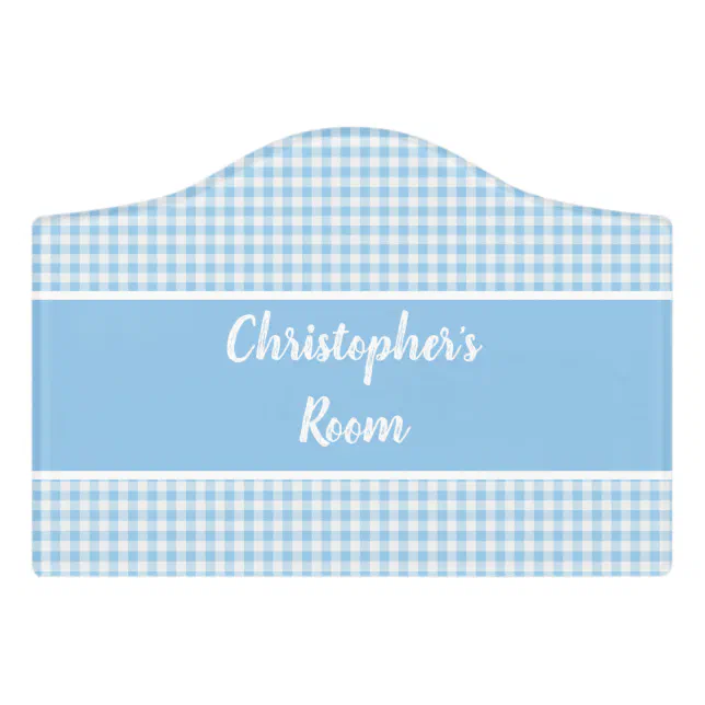 Blue and white gingham plaid for kids room door sign | Zazzle