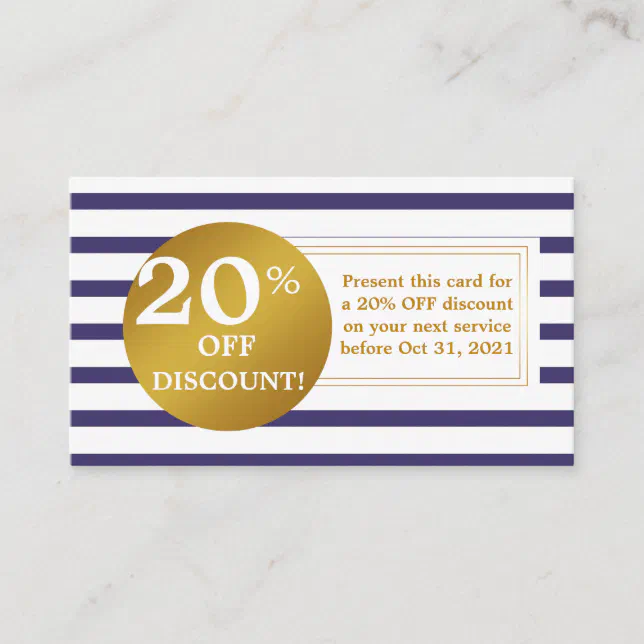 Blue and White Gold Label Discount Coupon Card | Zazzle