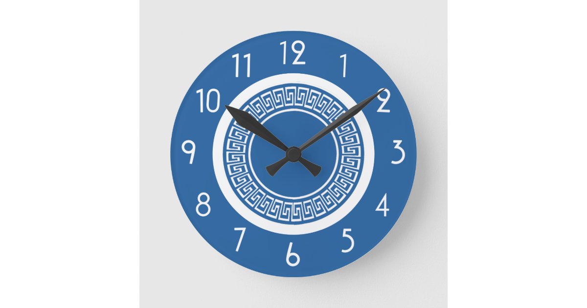 Blue and White Greek Key Clock | Zazzle
