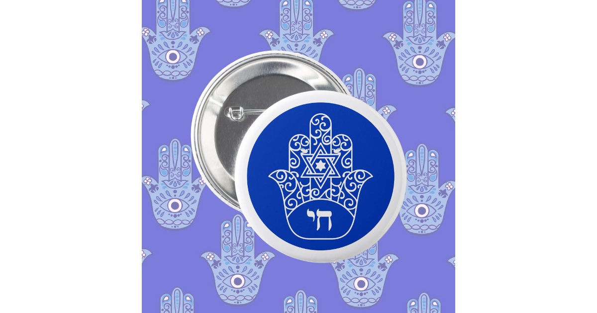 Blue and White Hebrew Chai Hamsa Button | Zazzle