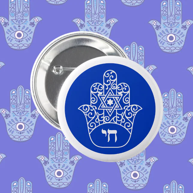 Blue and White Hebrew Chai Hamsa Button | Zazzle