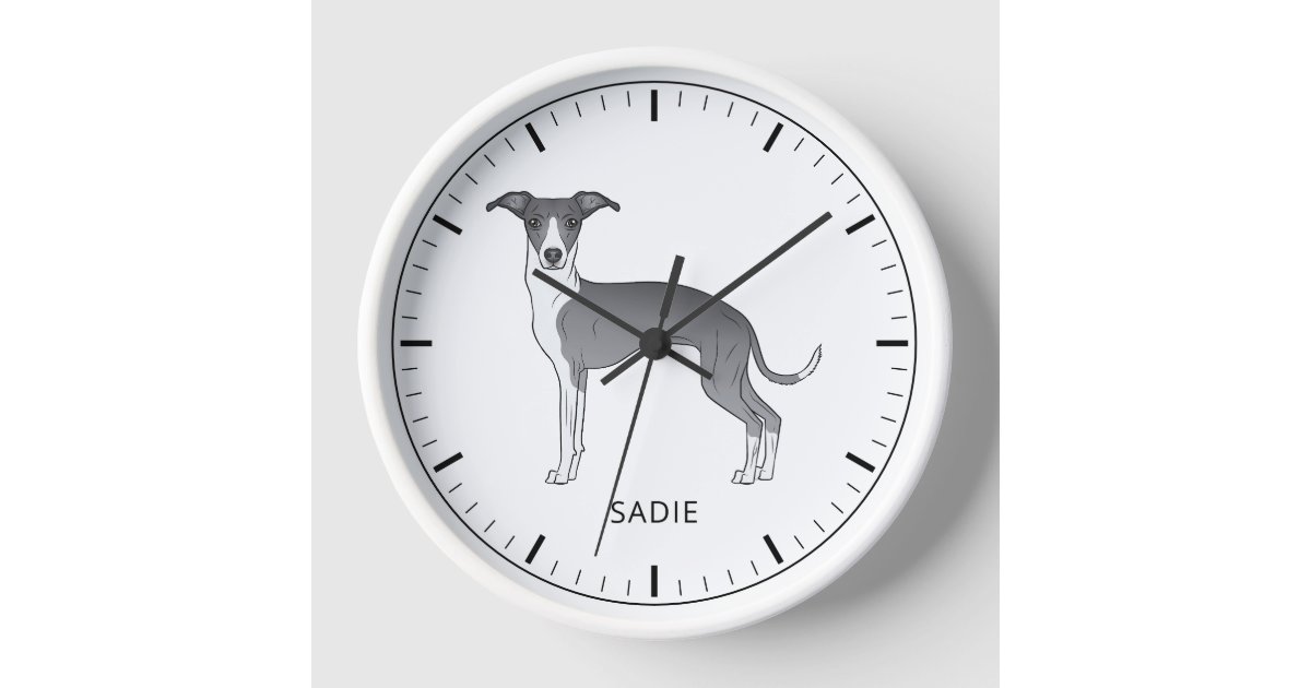 Blue And White Italian Greyhound With Custom Text Clock | Zazzle
