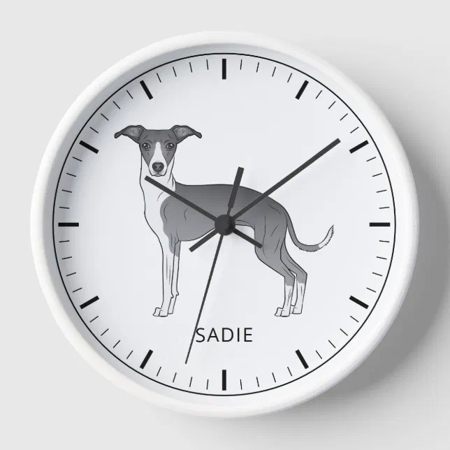 Blue And White Italian Greyhound With Custom Text Clock | Zazzle