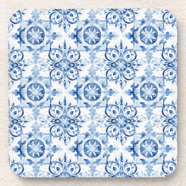 Blue and white Italian watercolor tile pattern Beverage Coaster | Zazzle