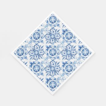 Blue and white Italian watercolor tile pattern Napkins | Zazzle