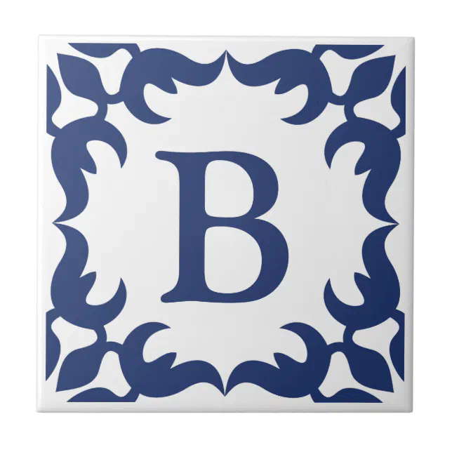 Blue and White Jade Scroll Frame Monogram Ceramic Tile | Zazzle